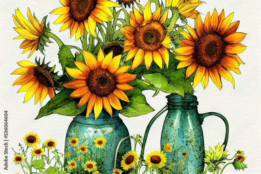 Watercolor rustic farmhouse sunflower wildflowers meadow flowers ...