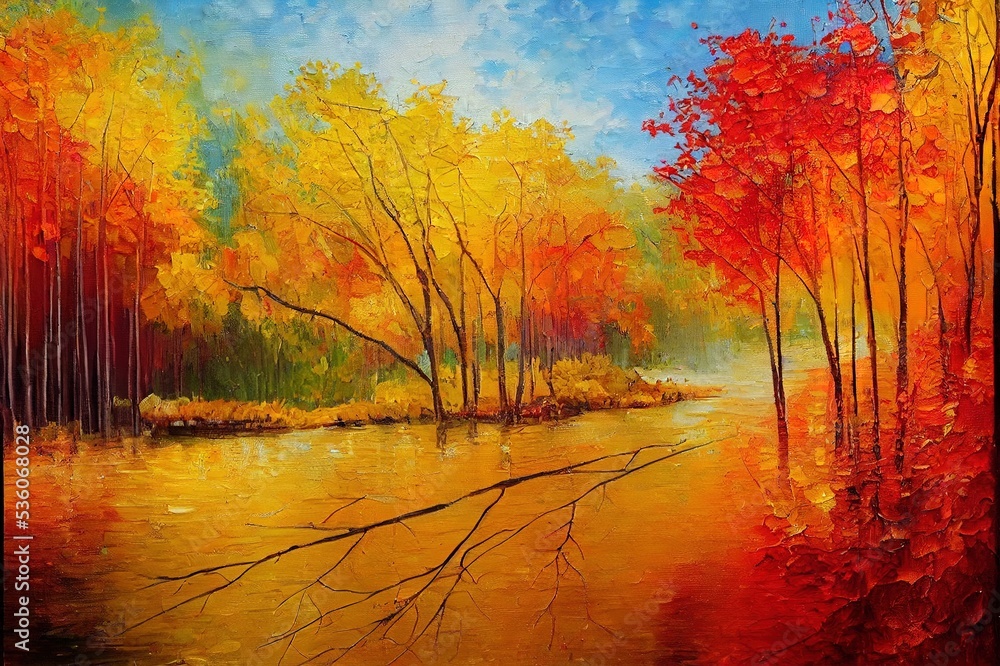 Oil painting colorful autumn trees Semi abstract image of forest aspen ...