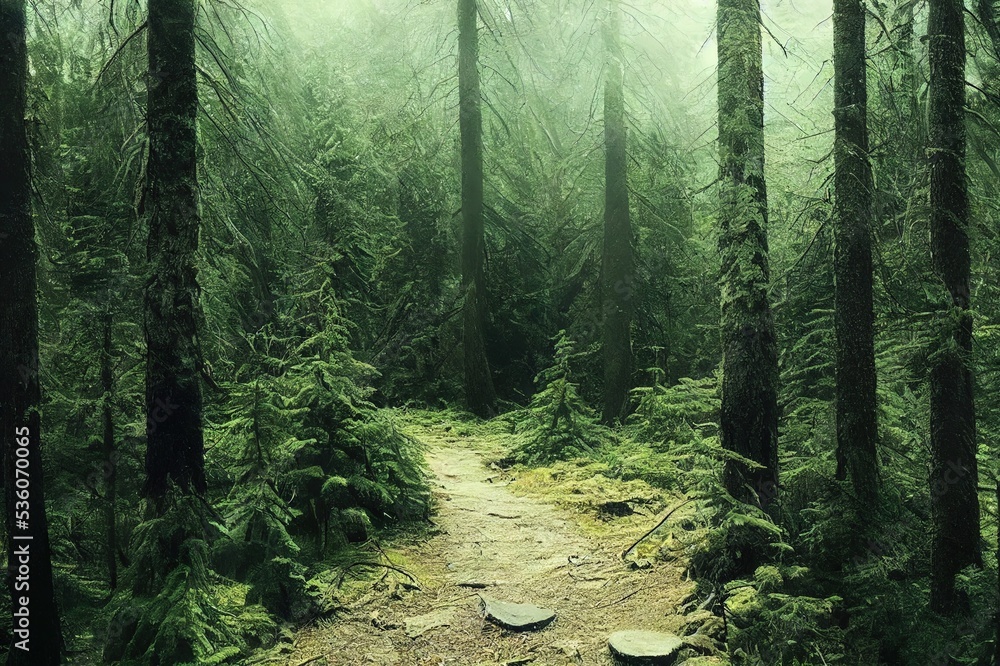 Trail in a deep, dark forest. Larch tree forest trail. Trail in larch ...