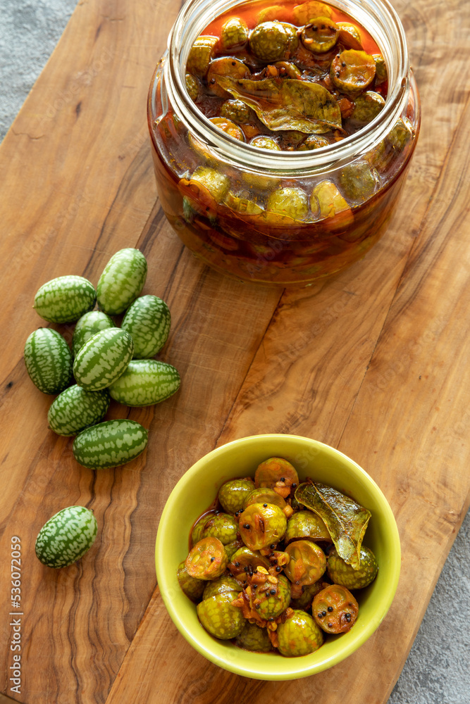 South Indian style pickled cucamelon vegetable. Homemade preserved food ...
