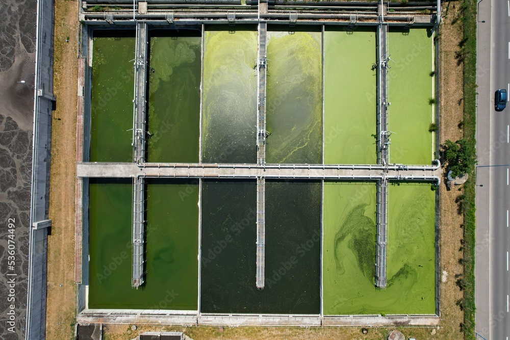 Aerial view of secondary treatment tanks for biological purification of ...