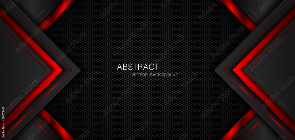 Abstract black and red polygon with red glow lines on dark steel mesh ...
