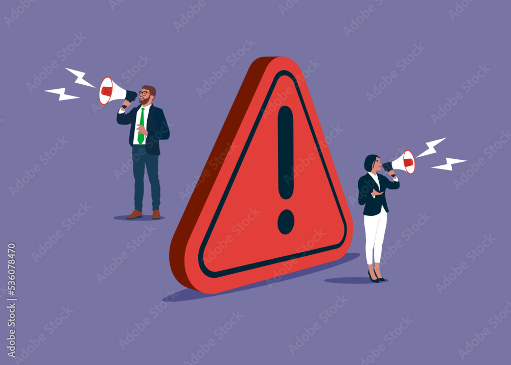 Business people announce on megaphone with attention exclamation sign ...