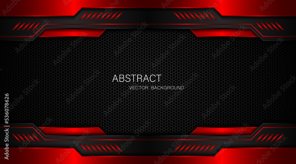 Abstract black and red polygon with red glow lines on dark steel mesh ...