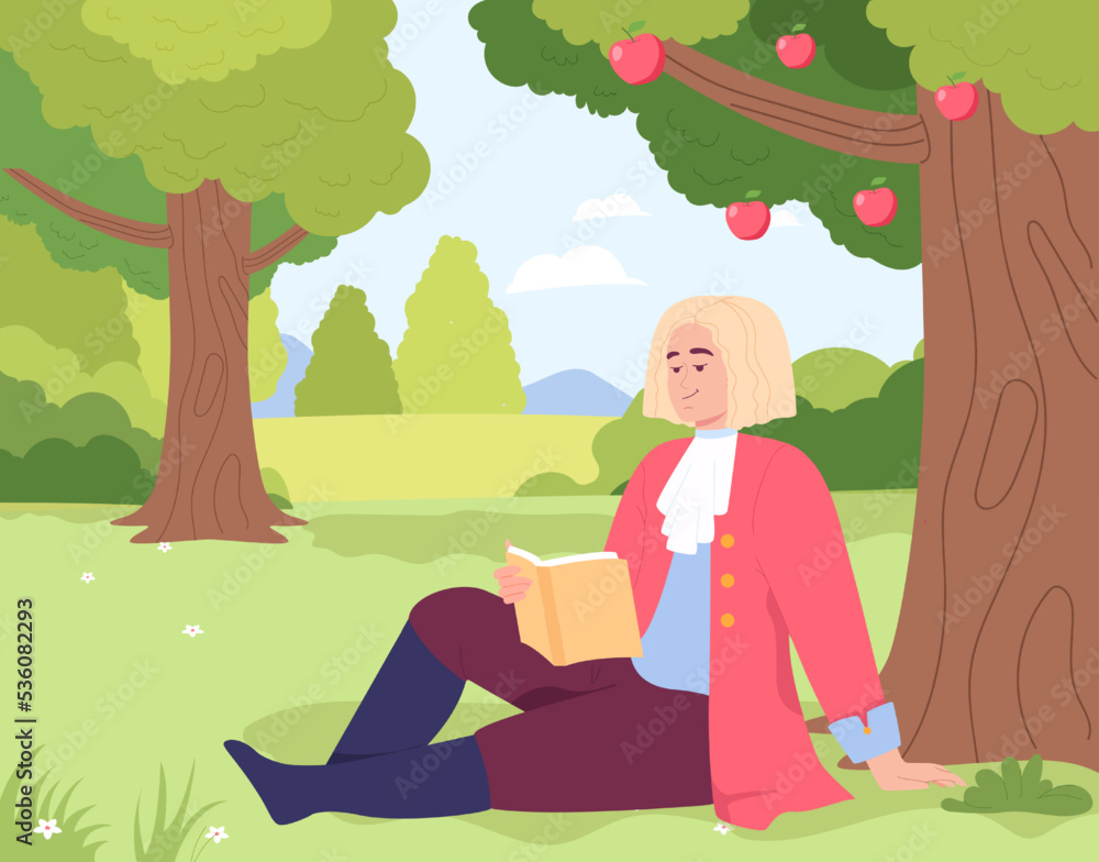 Cartoon Newton character sitting under apple tree. Ancient inventor in ...