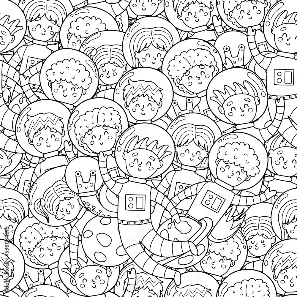 Cute kids astronauts seamless pattern. Space characters in spacesuits ...