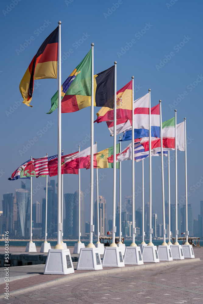 Flags of nations qualified for World Cup 2022 Qatar at Doha Corniche ...