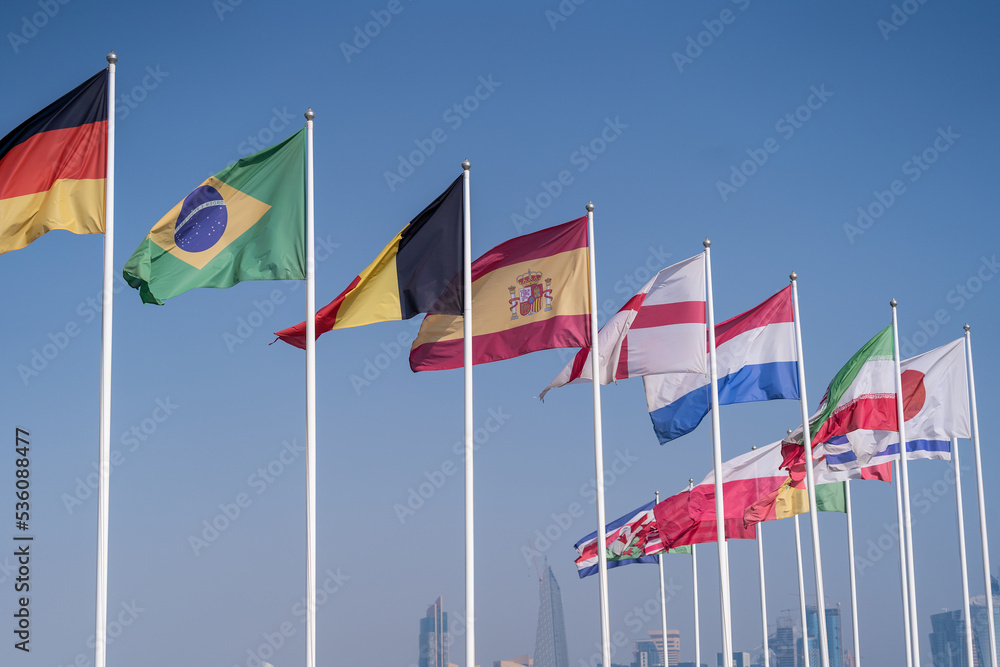 Flags of nations qualified for World Cup 2022 Qatar at Doha Corniche ...