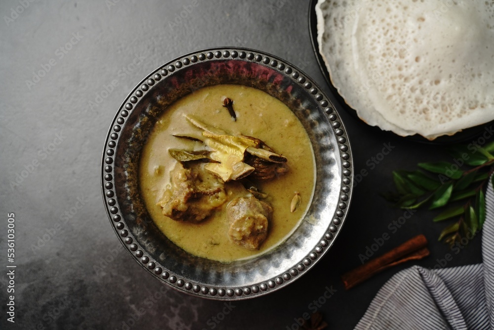 Lamb stew or Mutton in coconut milk gravy served with Appam- Kerala ...