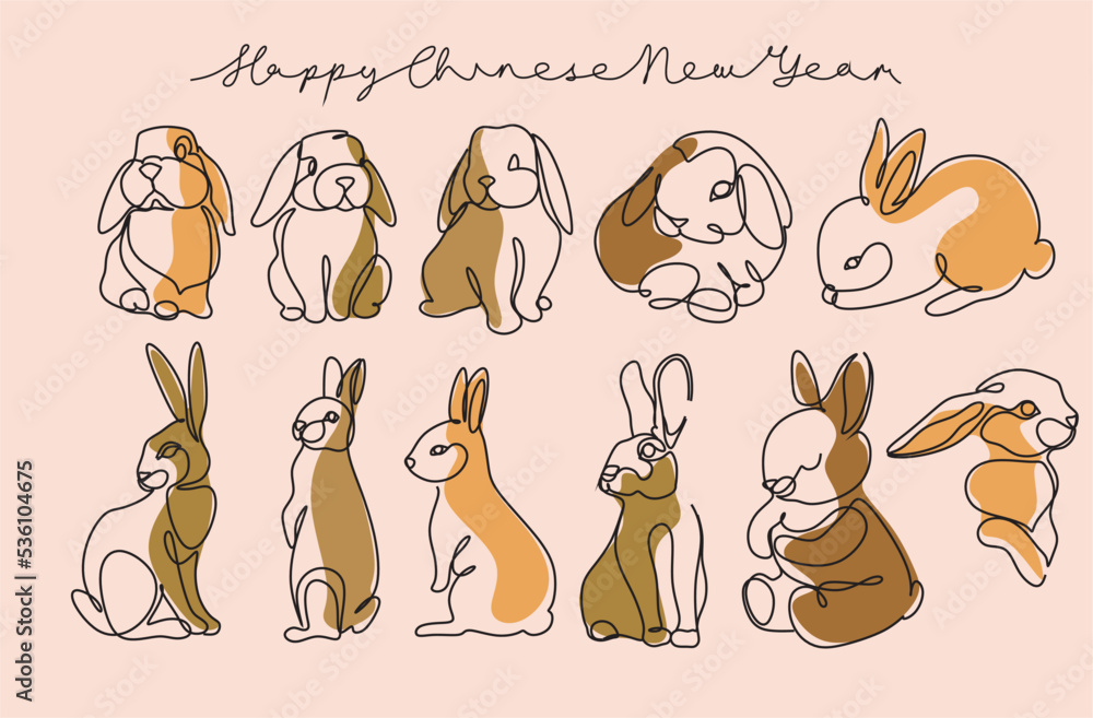 Continuous one line drawing of Bunny symbol of 2023 year. Fluffy rabbit ...