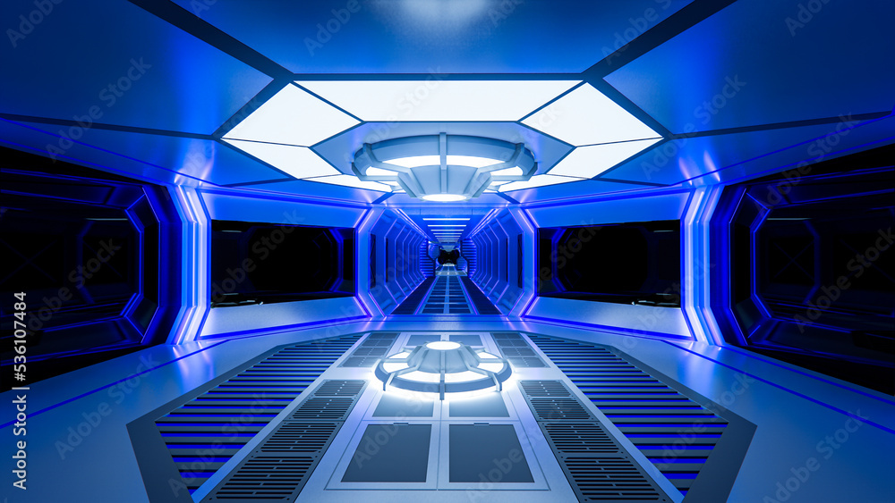 Blue spaceship interior with illuminated projector. Futuristic corridor ...