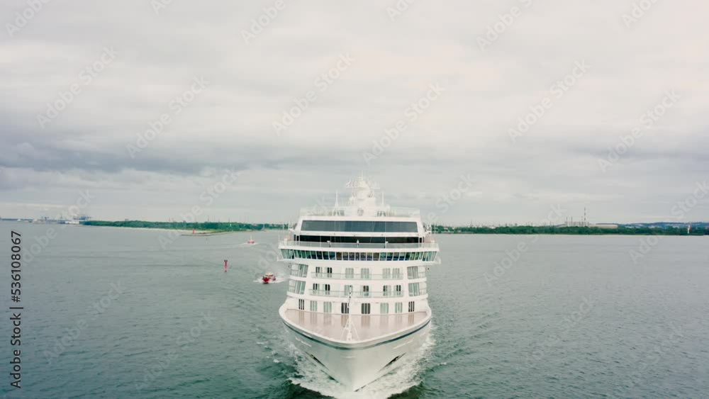 Cinematic aerial view of a cruise ship on the high seas, front view ...