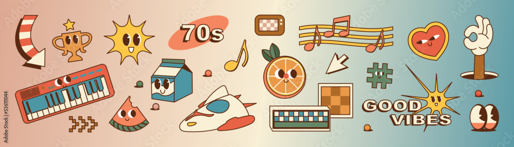Set of groovy element vector on gradient background. Collection of cute ...