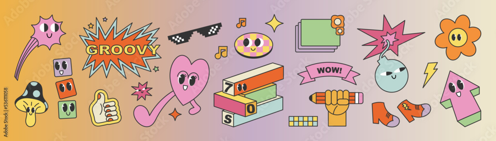Set of groovy element vector on gradient background. Collection of 70s ...