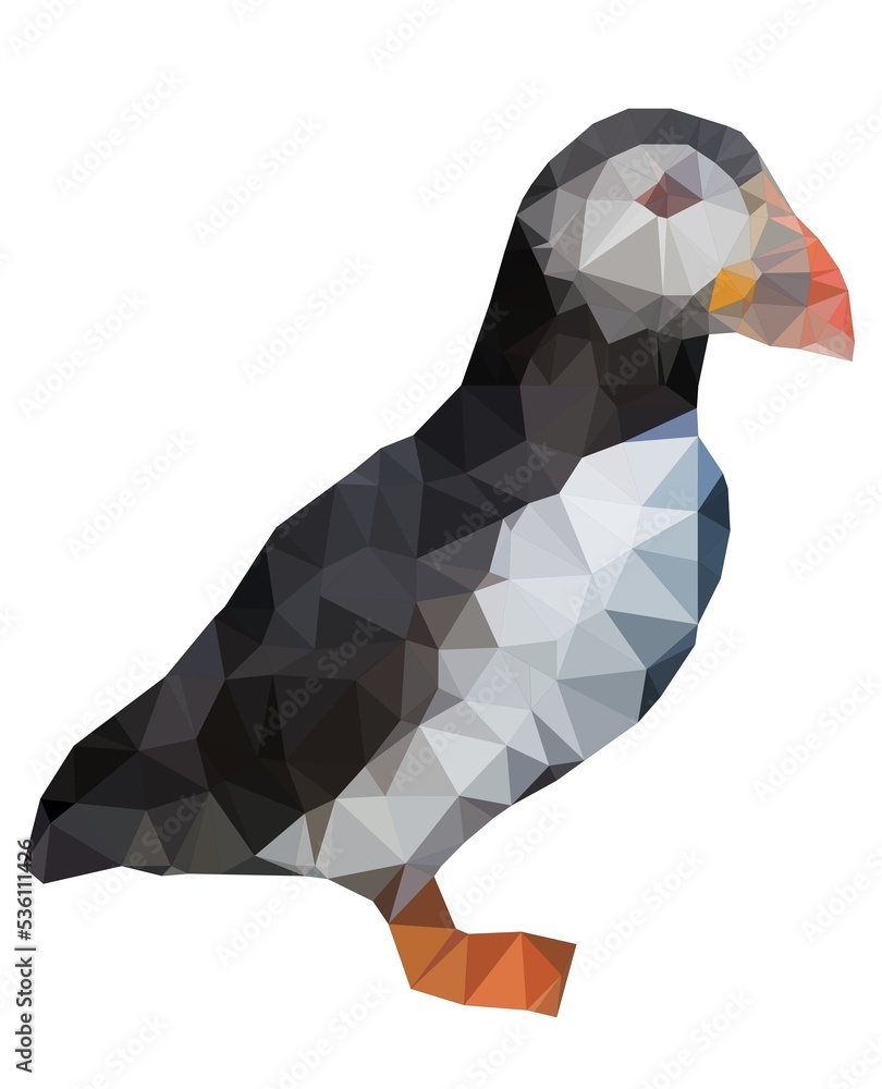 3d illustration of a puffin in low poly style. Abstract art of animal ...