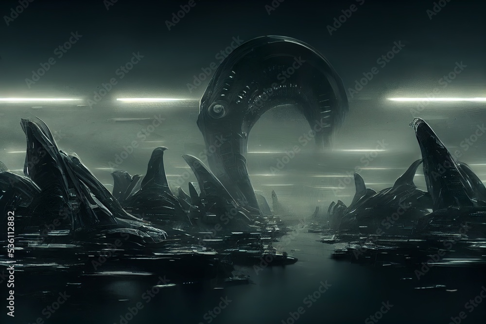 dark sci-fi futuristic alien cryo city landscape Stock Illustration ...