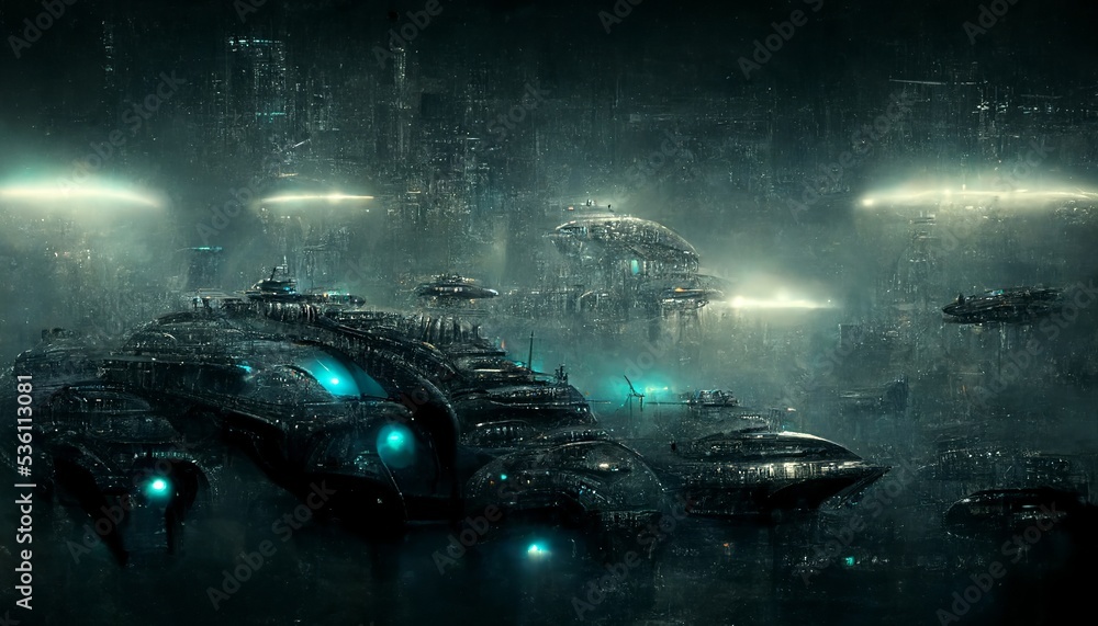 dark sci-fi cyberpunk futuristic alien city landscape Stock ...
