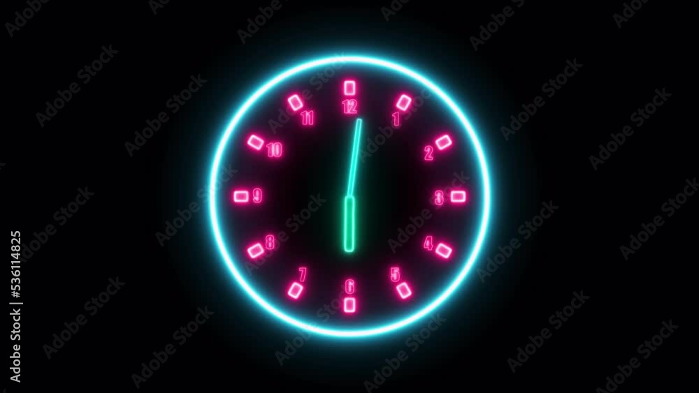 Neon wall Clock animation. Animated clock icon isolated on transparent ...