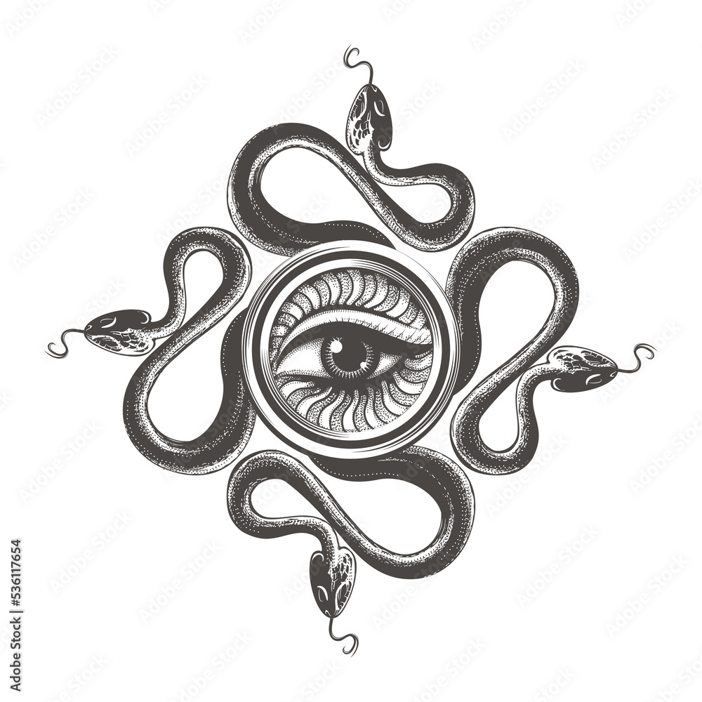 All Seeing Eye of Wisdom and Cross of Snakes Esoteric Medieval Tattoo ...