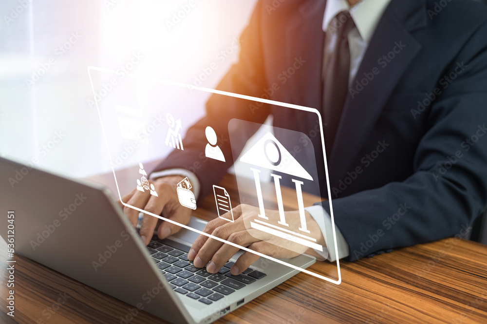 Businessman using COMPUTER online banking and payment, Digital ...