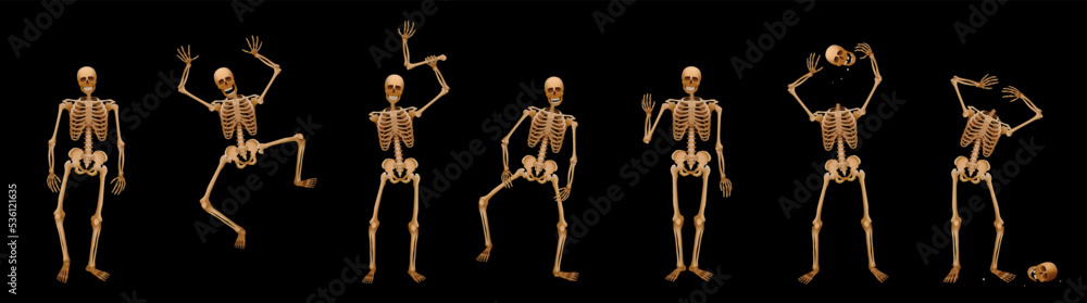 Skeletons, differing poses, walking, jumping, scaring, waving, greeting ...