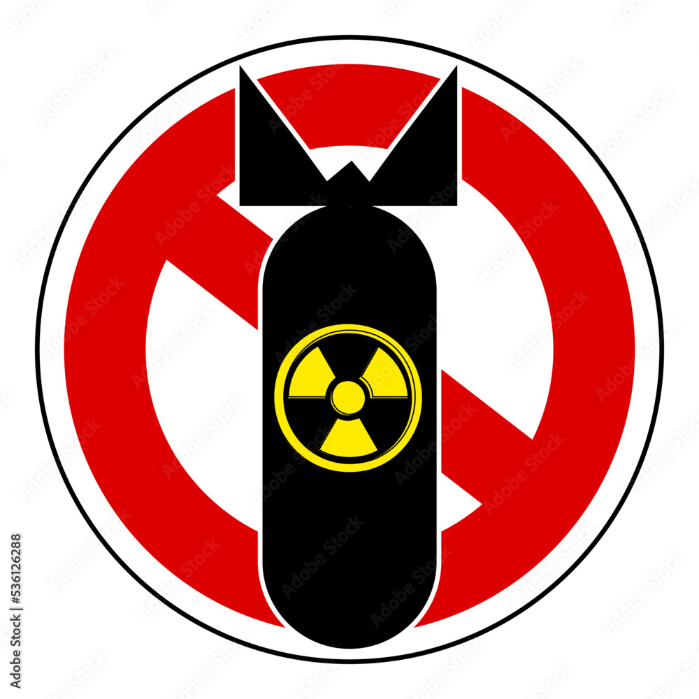 Poster No nuclear weapon, ban sign around a falling atomic bomb with ...