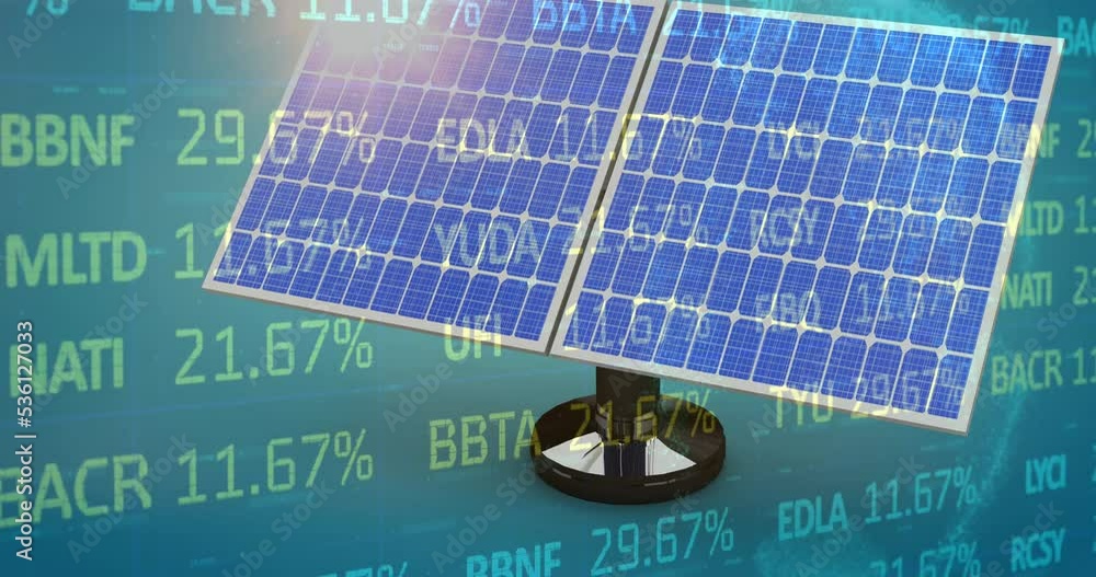 Animation of trading board and solar panel on abstract background with ...