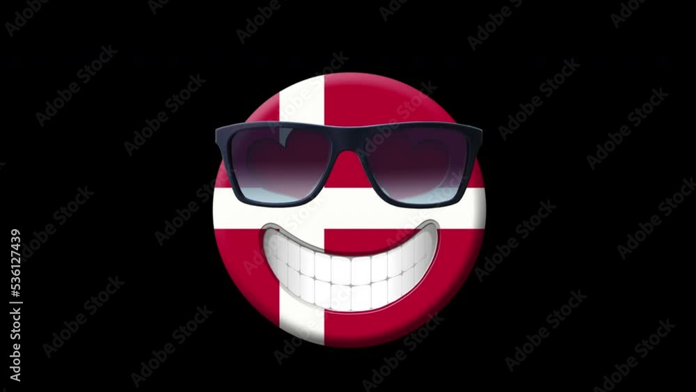 Denmark.Animation of smiling face with danish flag, sunglasses and ...