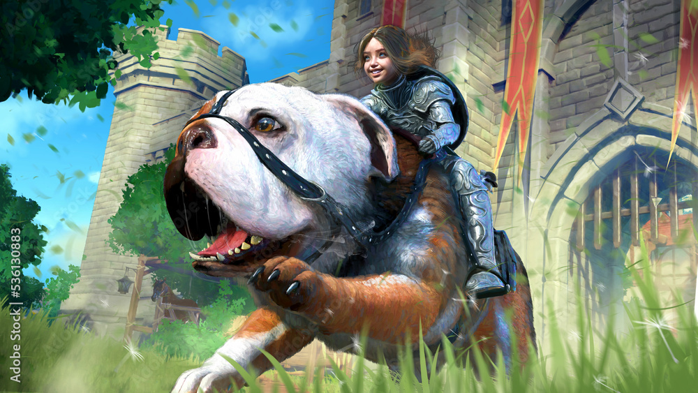 A sweet, joyful girl in plate armor with a smile rides a huge bulldog ...