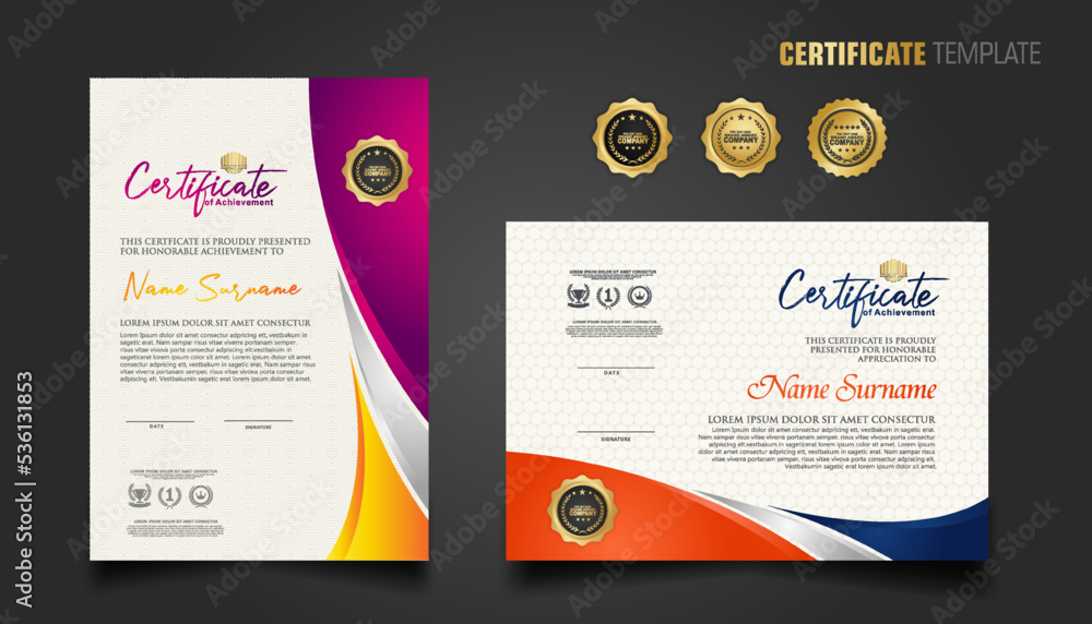 Modern certificate template with beautiful combination color on waving shape background Stock ...
