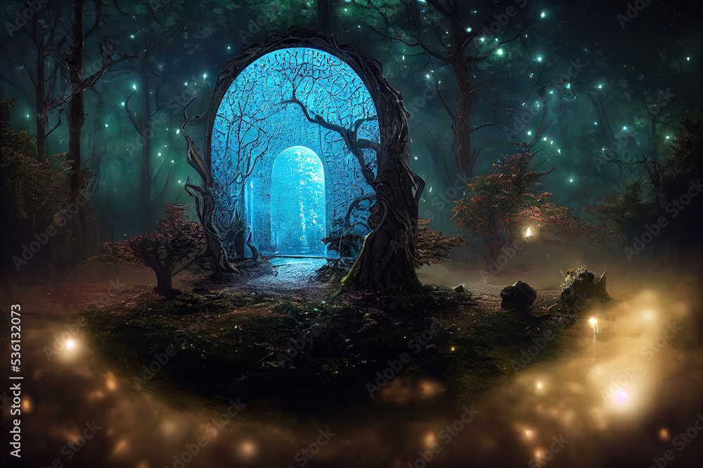 ภาพประกอบสต็อก Dark mysterious forest with a magical magic mirror, a portal to another world ...