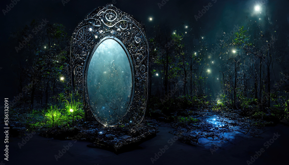 Dark mysterious forest with a magical magic mirror, a portal to another ...