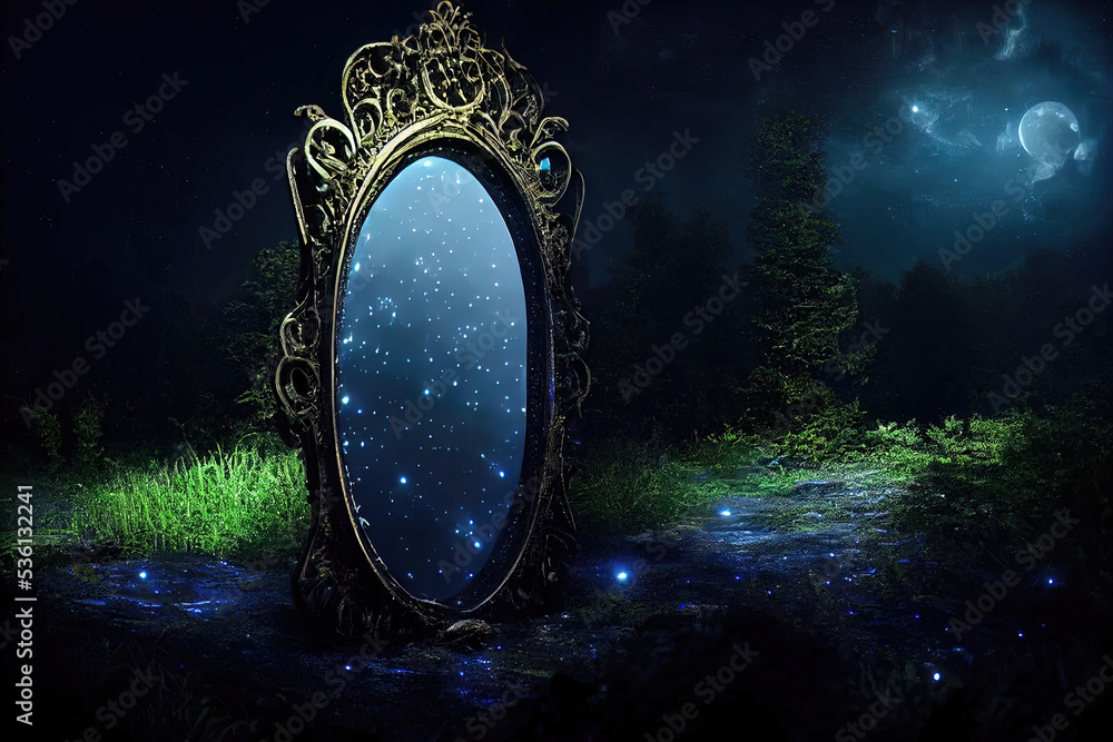 Dark mysterious forest with a magical magic mirror, a portal to another ...