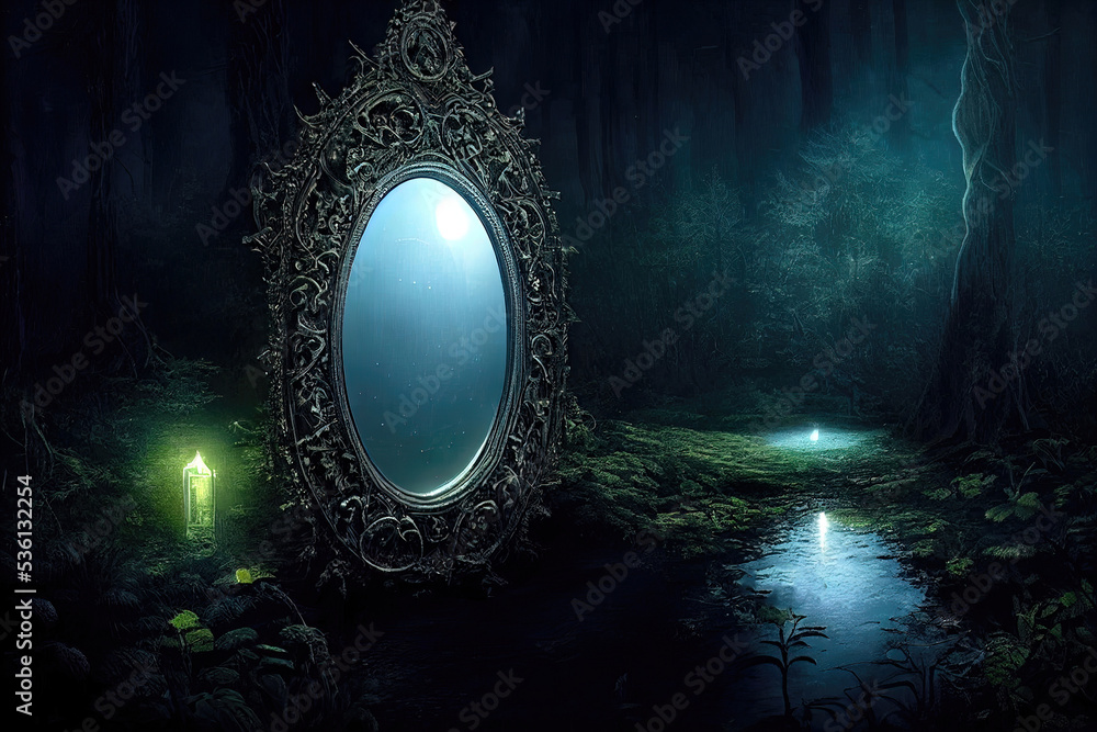 Dark mysterious forest with a magical magic mirror, a portal to another ...