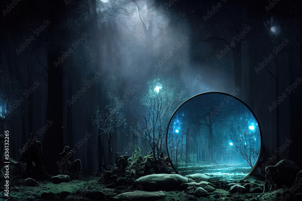 Dark mysterious forest with a magical magic mirror, a portal to another ...