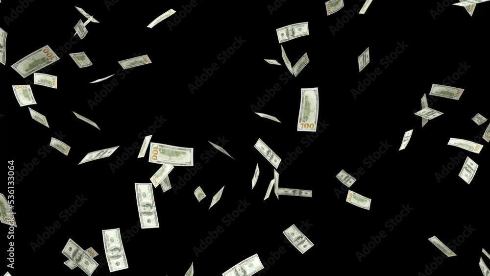 Animation of 100 dollar bills falling on black background, concept of ...