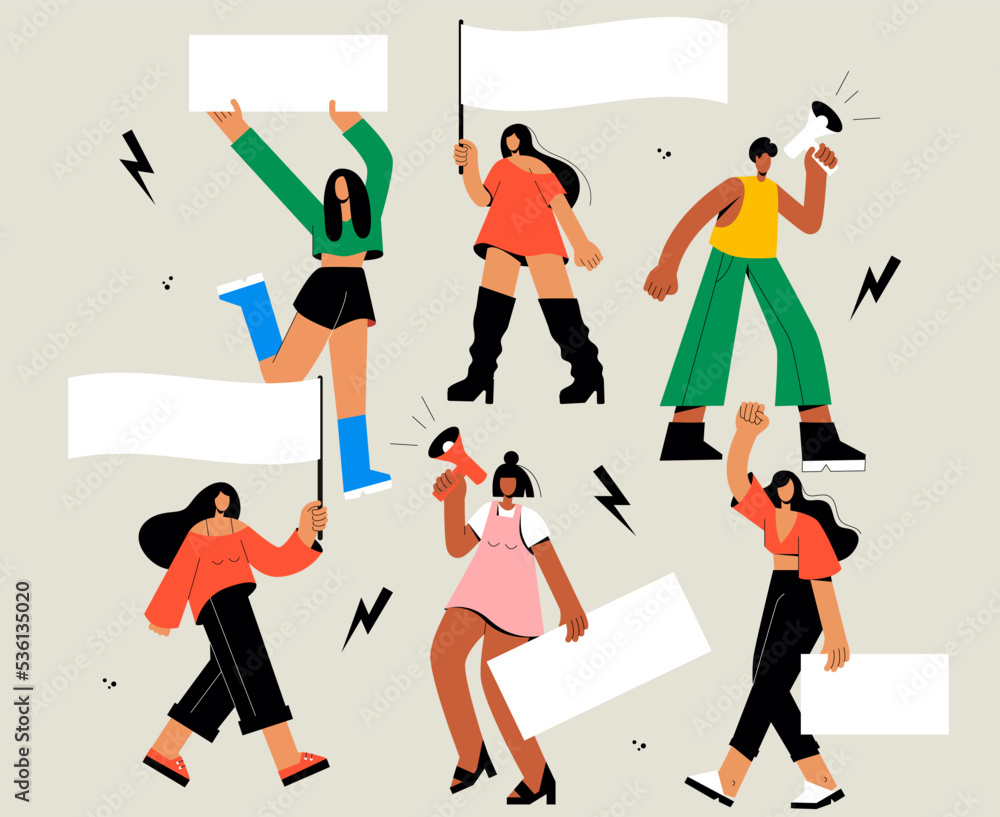 Vetor de different people are protesting at the rally. People are ...