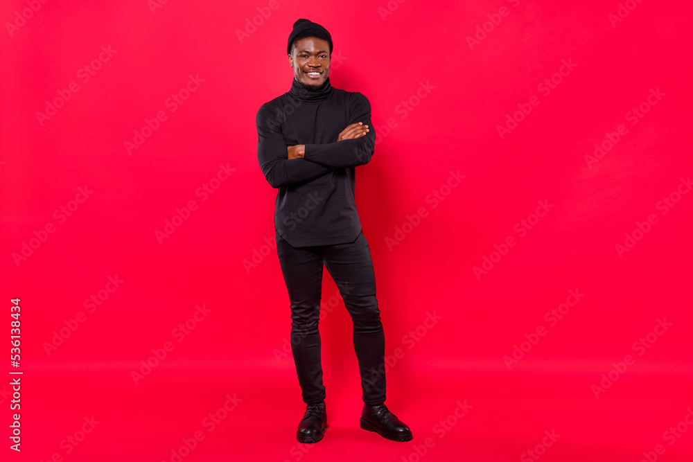 Full length body size view of attractive cheerful guy folded arms ...