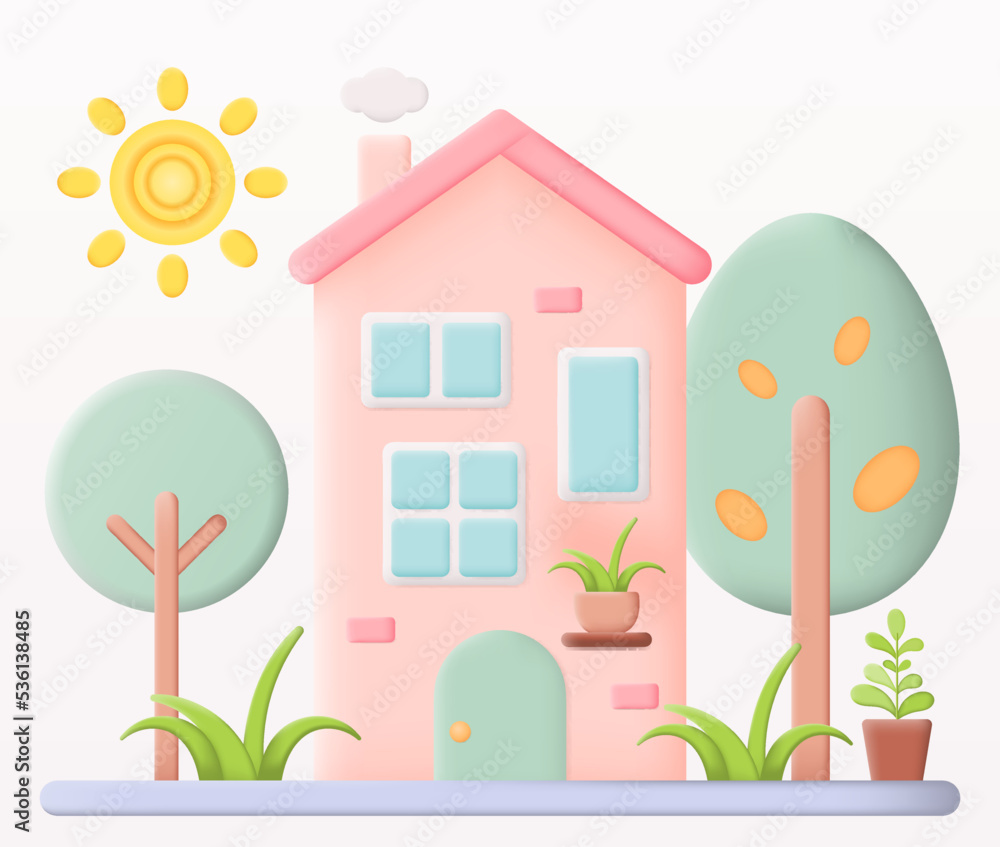 Cartoon Pink Fairytale House isolated on white background. 3D Vector ...
