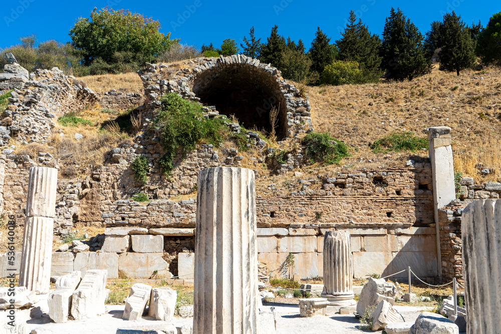 Columns and ruins of the Basilica Stoa in Ephesus. The Ionic building ...