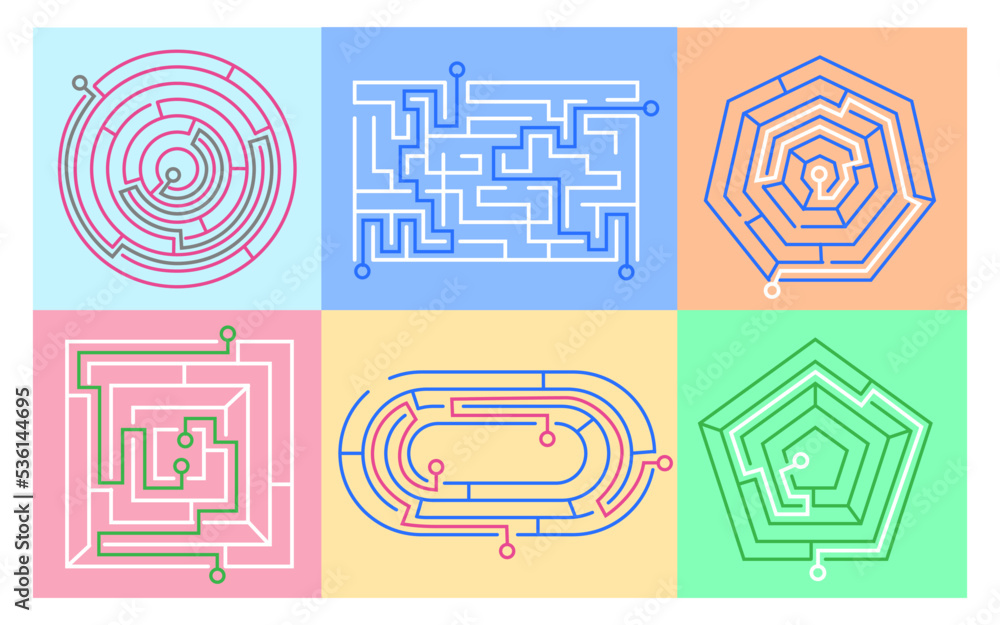 Maze games with direction of right path set. Vector illustrations of ...