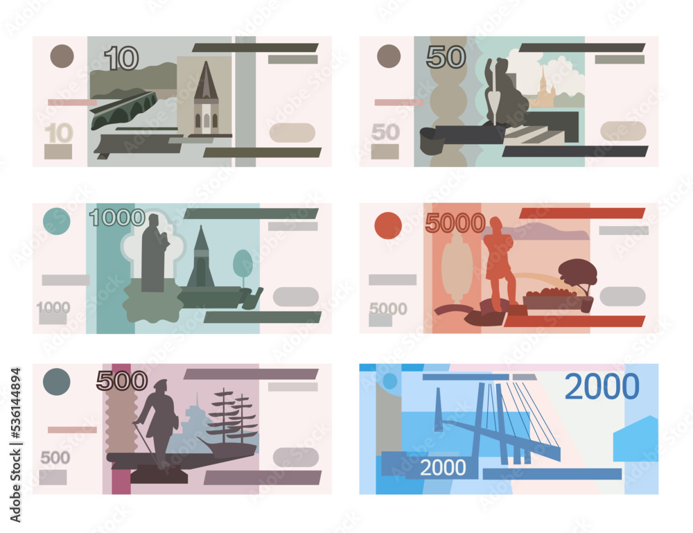 Banknotes with Russian currency vector illustrations set. Paper money ...