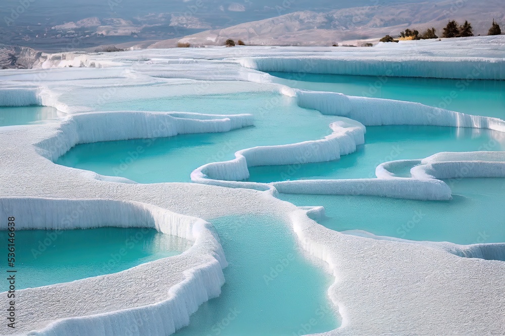 Fantasy landscape. Mineral thermal springs. Natural travertine pool ...