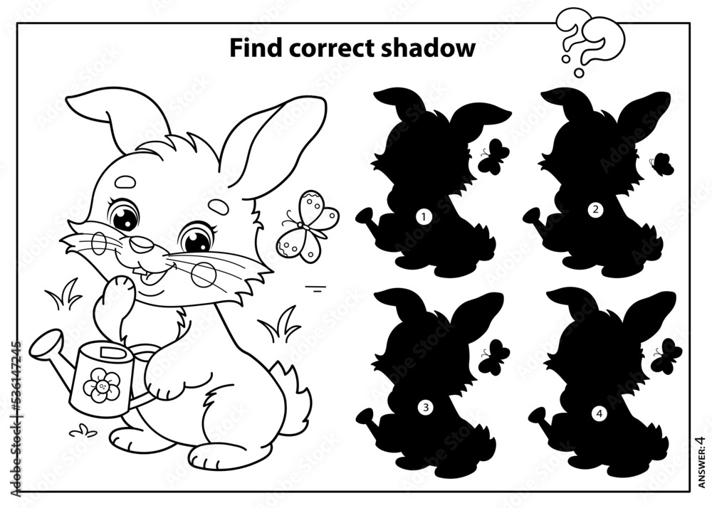 Puzzle Game for kids. Find correct shadow. Coloring Page Outline Of ...