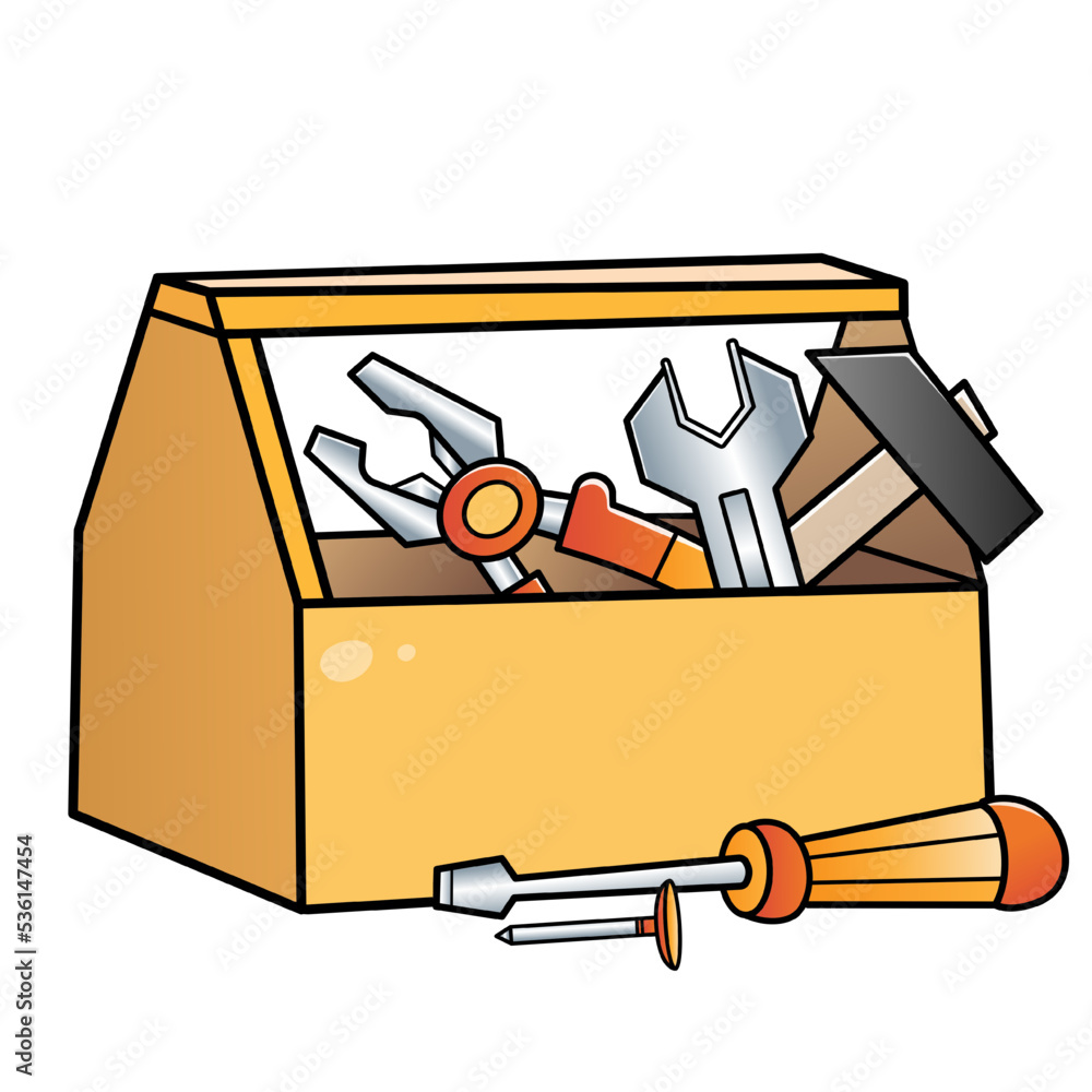 Set of household tools. Cartoon images of saw, wrench, pliers, hammer ...