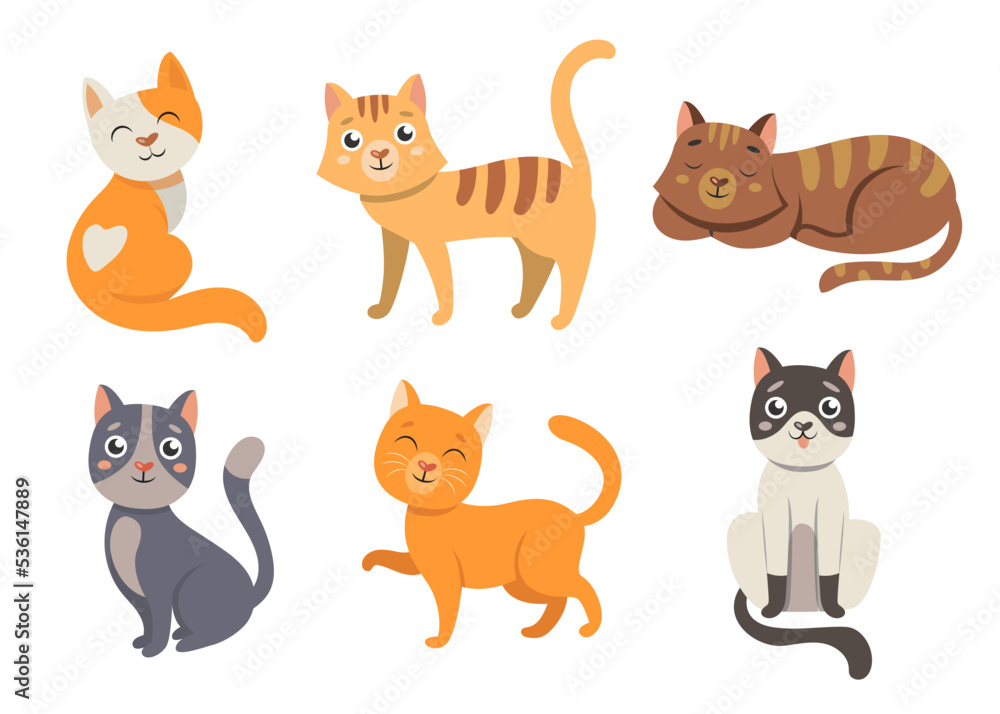 Cute cat cartoon characters vector illustrations set. Cats with heart ...