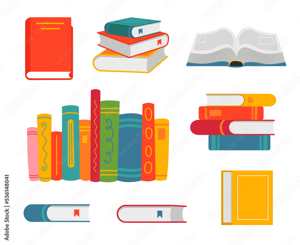 Cartoon open and closed books set. Vector illustrations of stack of ...