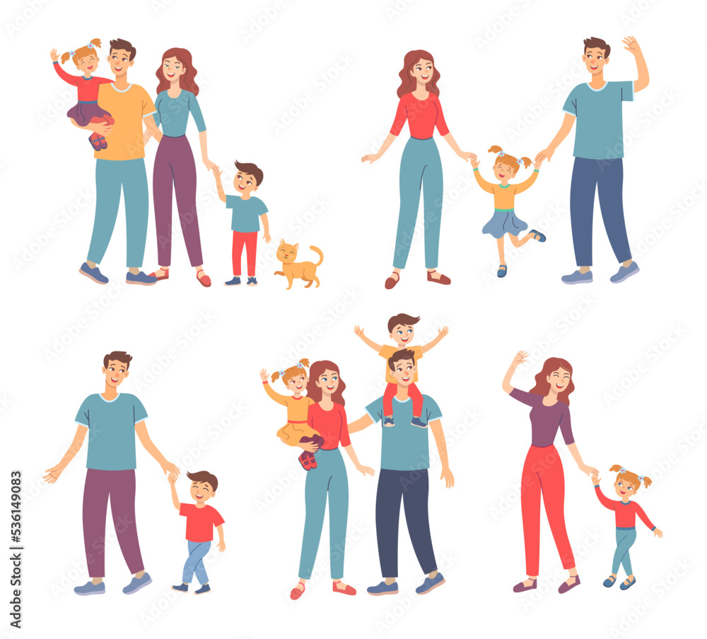 Vetor de Happy family walking together outdoors set. Vector ...