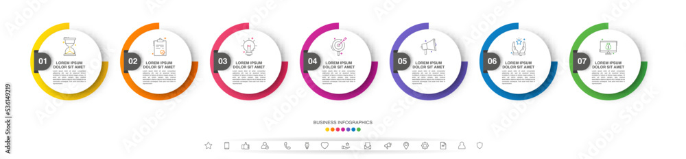 Infographic vector template for business. 3D paper label with 7 circles ...