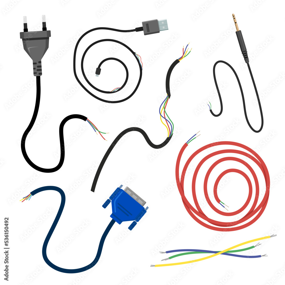 Broken electrical cable set. Vector illustrations of damaged cords for ...
